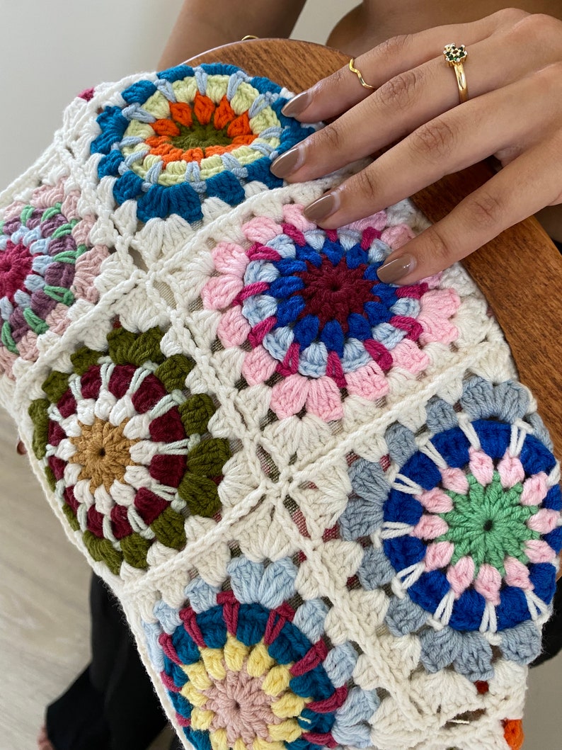 Cream Crochet Vintage Kiss Lock Pouch With Coloful Granny Square's ...