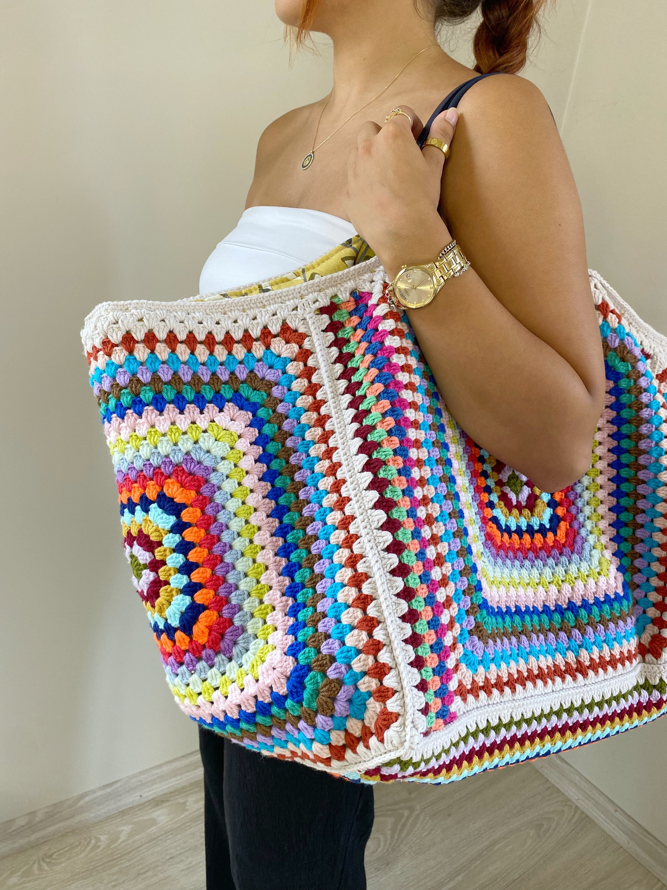 XXL Colorful Vintage Weekend Crochet Tote Bag With Colorful Granny ...