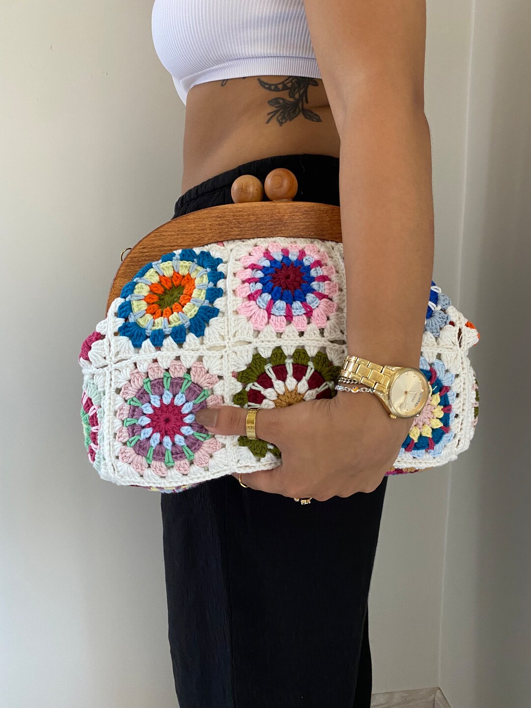 Cream Crochet Vintage Kiss Lock Pouch With Coloful Granny Square's ...