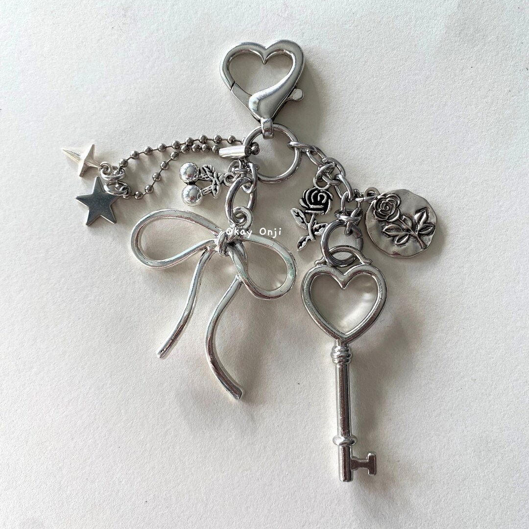 Silver Heart Key Keychain, Y2K Clutter Bag Charm With Rose, Cherry ...
