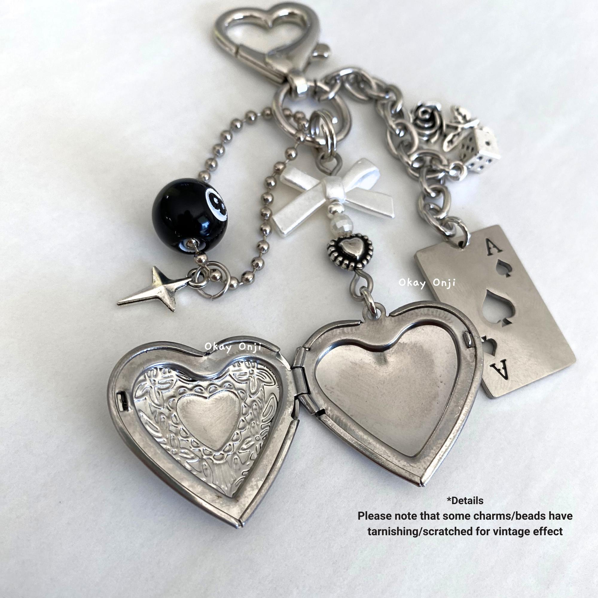 Heart Locket Keychain, 8 Ball Keychain, Y2K Clutter Bag Charm With Ace ...