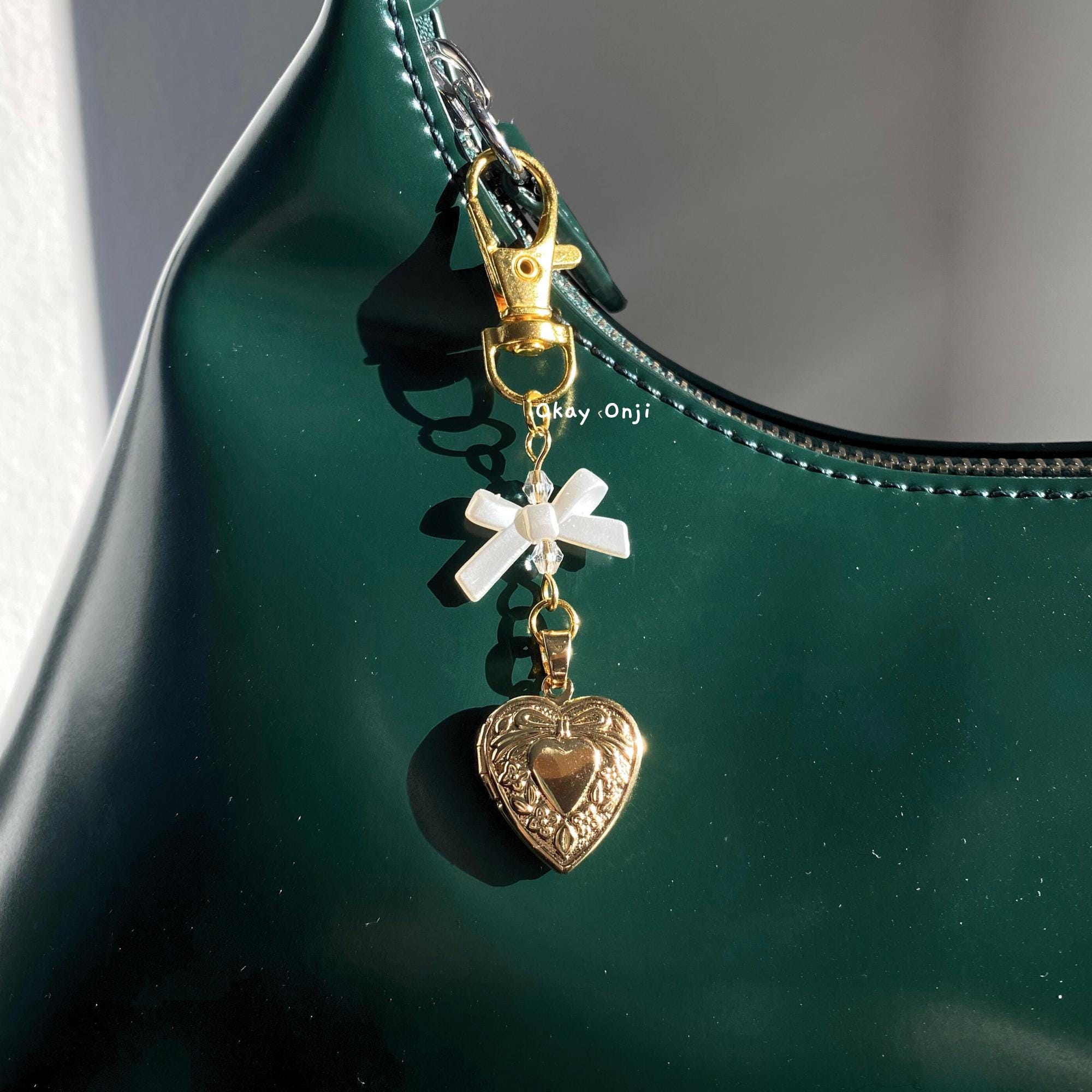 Small Gold Heart Locket Keychain, Coquette Bow Charm, Photo Locket Bag ...