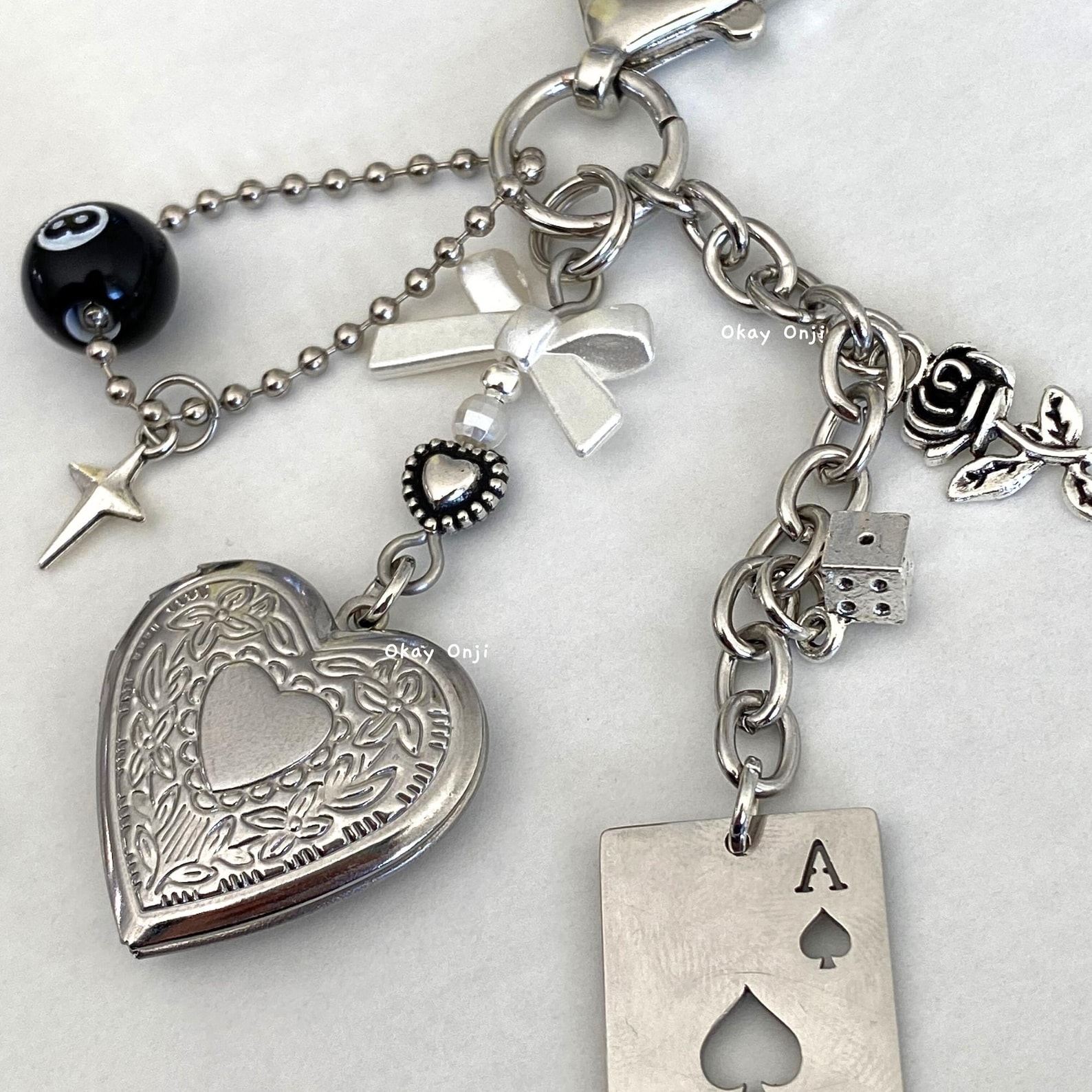 Heart Locket Keychain, 8 Ball Keychain, Y2K Clutter Bag Charm With Ace ...
