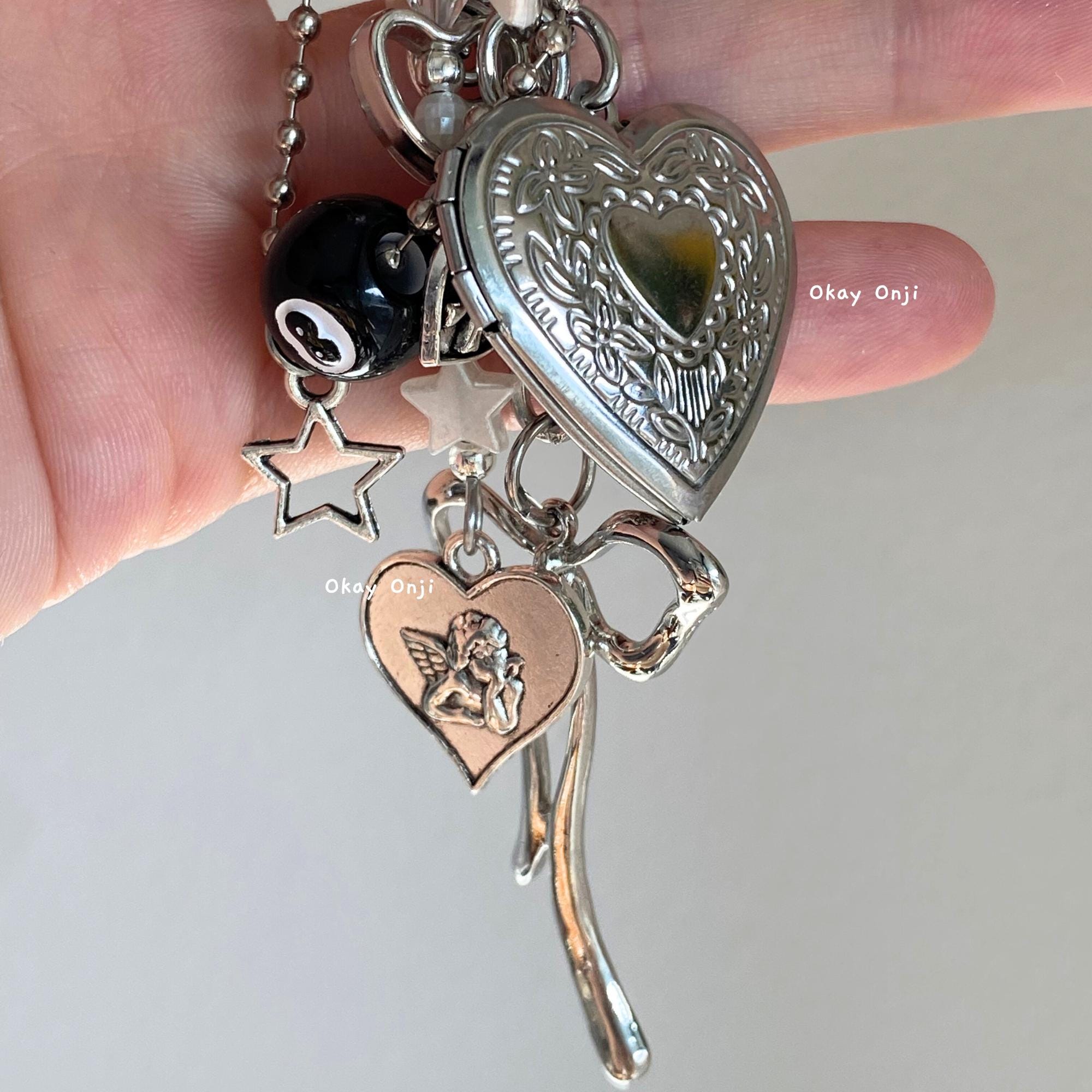 Heart Locket Keychain, 8 Ball Keychain, Y2K Clutter Bag Charm With ...
