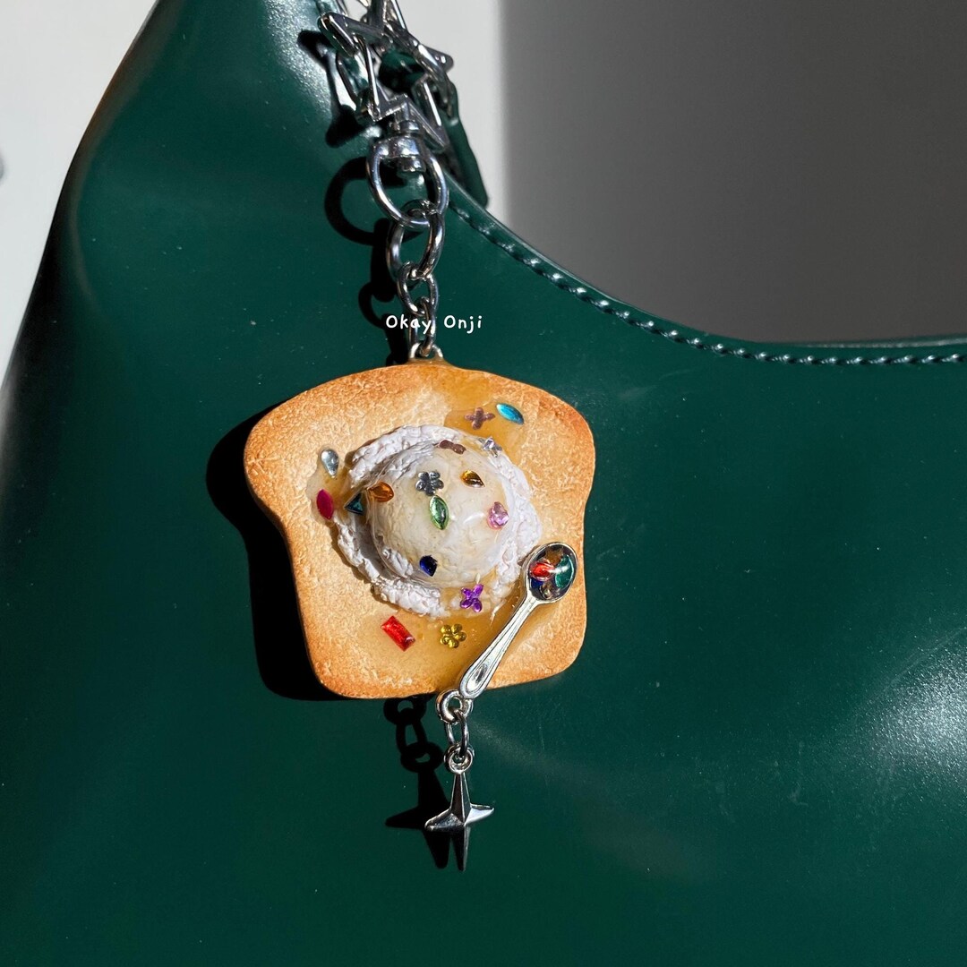 Toast Keychain With Rhinestones, Handmade Polymer Clay Keyring, Bread ...