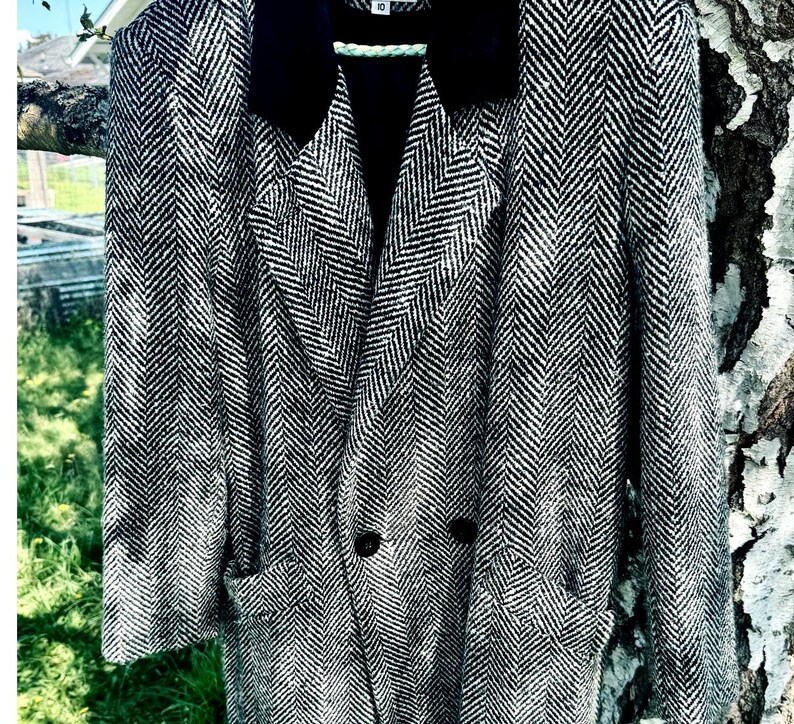 Vtg '80s Kristen Blake Herringbone Tweed Duster Vintage Velvet-collar ...