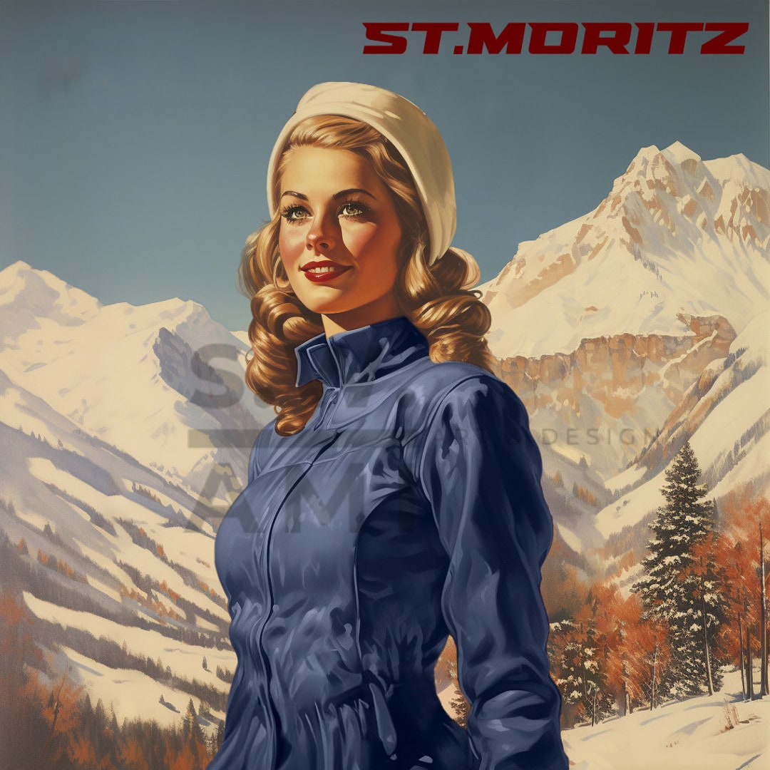 Vintage Ski Pin-up Girl St.moritz Digital Art Skiing - Etsy
