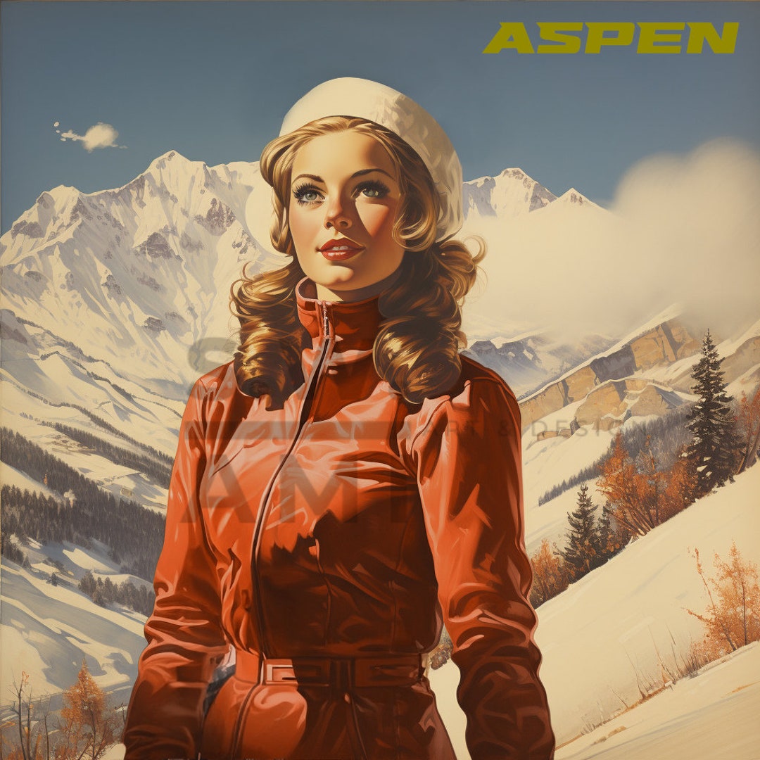 Vintage Ski Pin-up Girl Aspen Digital Art Skiing Ski Lodge Mountain ...