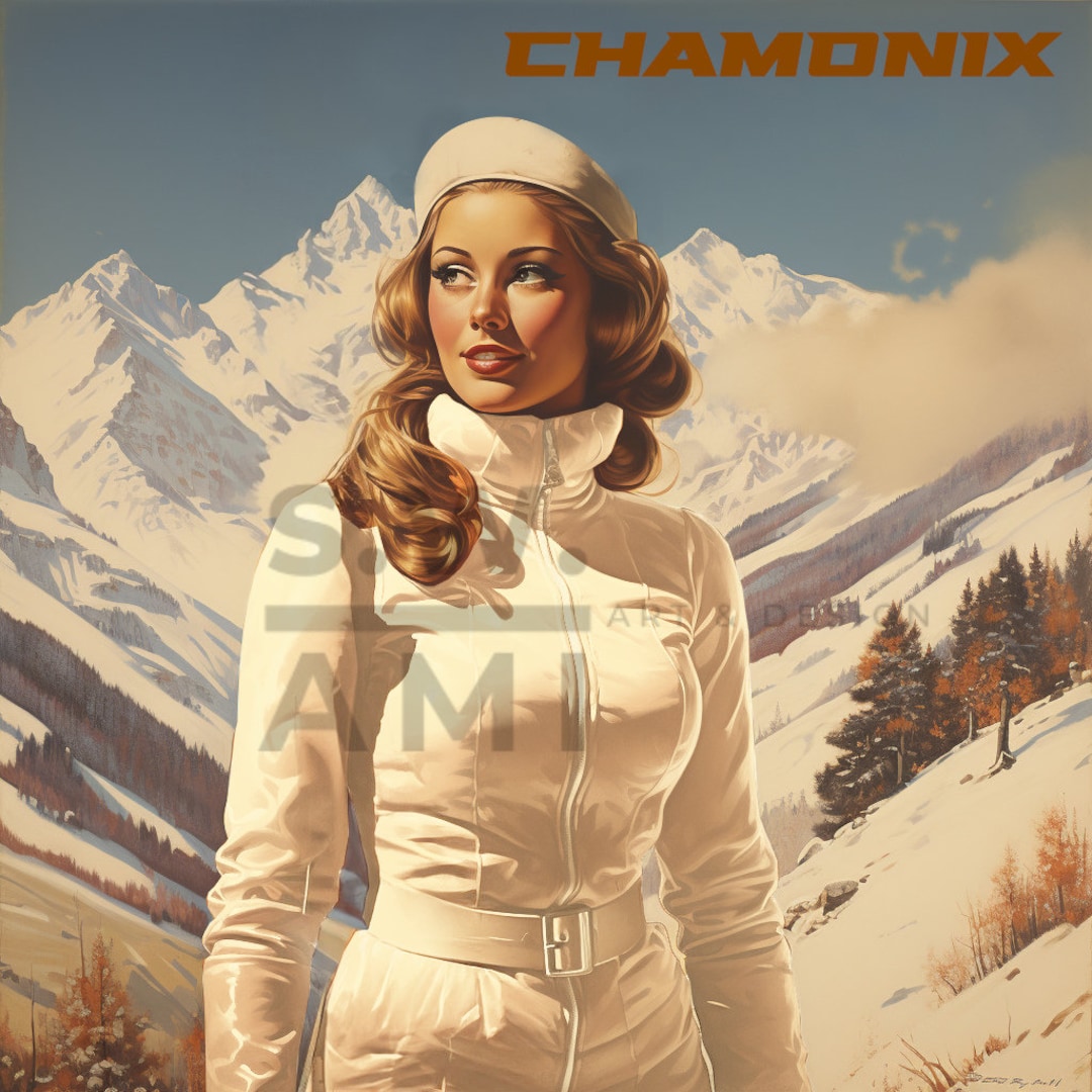 Vintage Ski Pin-up Girl Chamonix Digital Art Skiing Ski Lodge Mountain ...