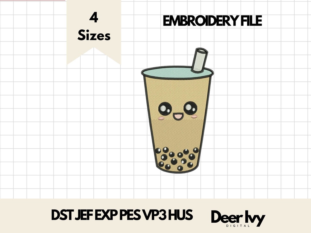 Boba Tea Embroidery File Cute Boba Tea Smiley Face Digital File Boba Drink Embroidery File Drink ...