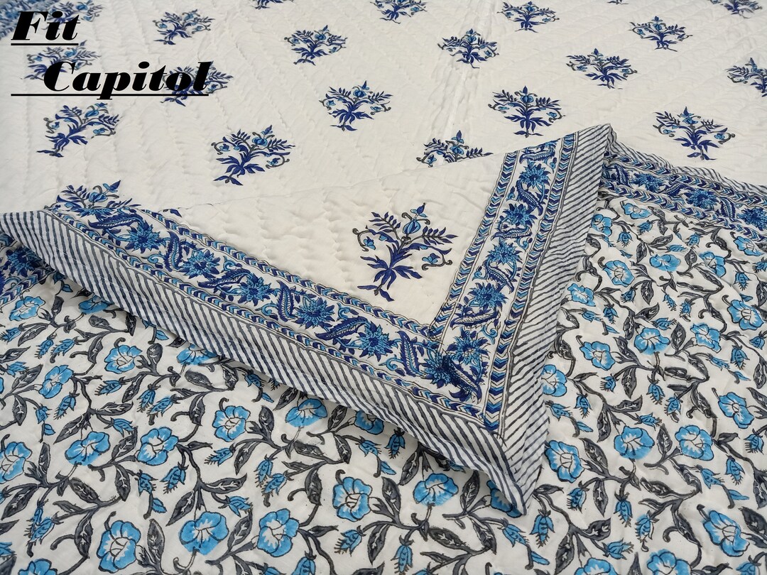Reversible Double-sided Blue Flower Printed Cotton Jaipuri Rajai ...