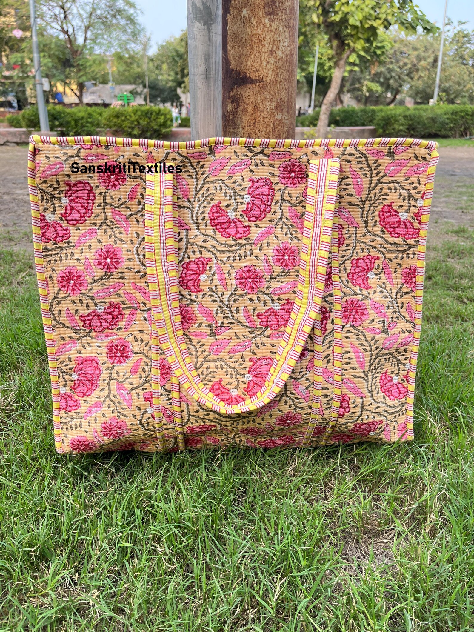 Quilted Floral Tote Bag, Indian Hand Block Print Cotton Handbag ...