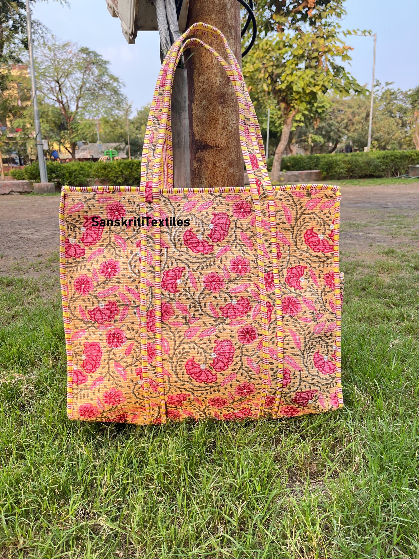 Quilted Floral Tote Bag, Indian Hand Block Print Cotton Handbag ...