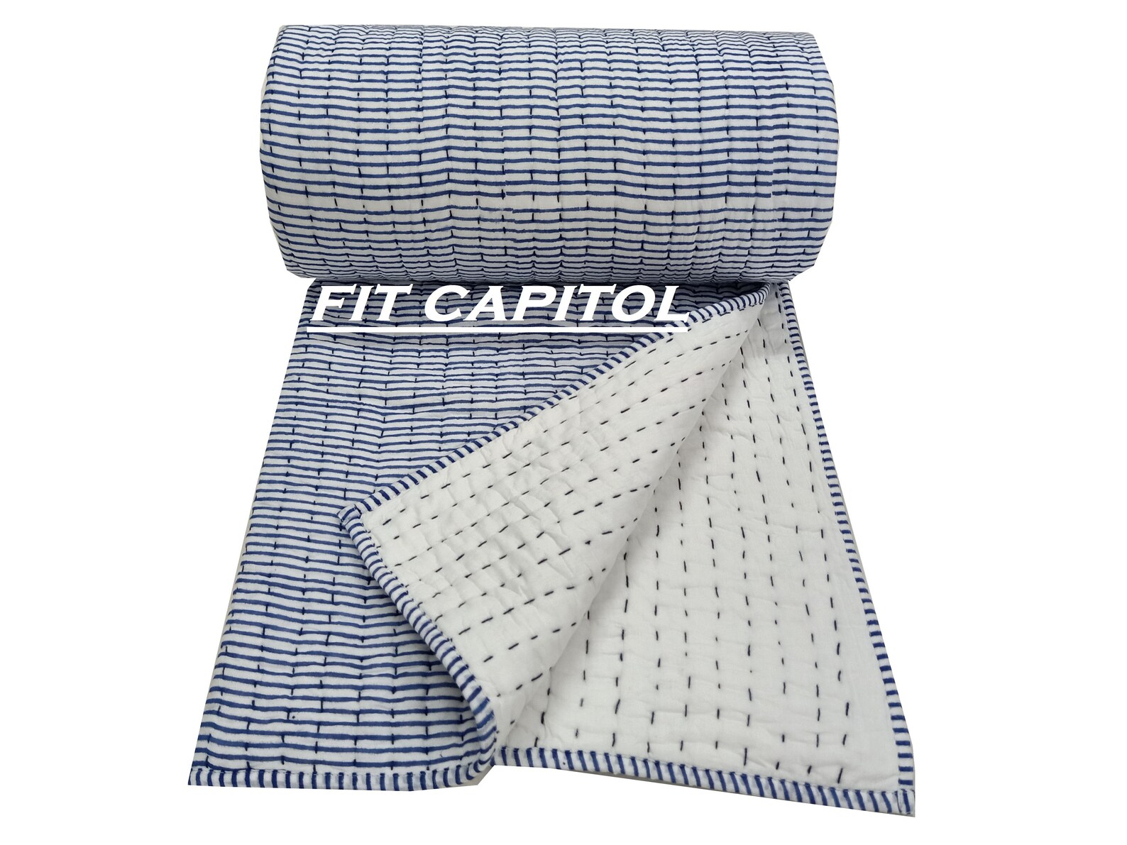 New Navy Blue Color Striped Block Print Kantha Blanket, Handmade 100% ...