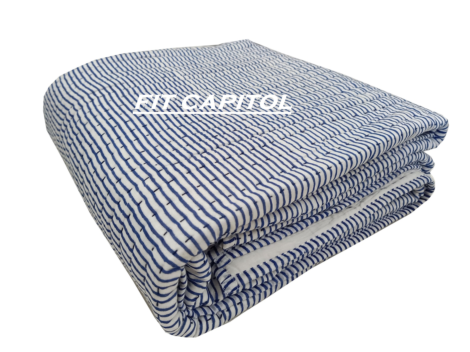 New Navy Blue Color Striped Block Print Kantha Blanket, Handmade 100% ...