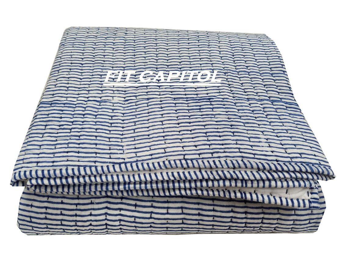 New Navy Blue Color Striped Block Print Kantha Blanket, Handmade 100% ...