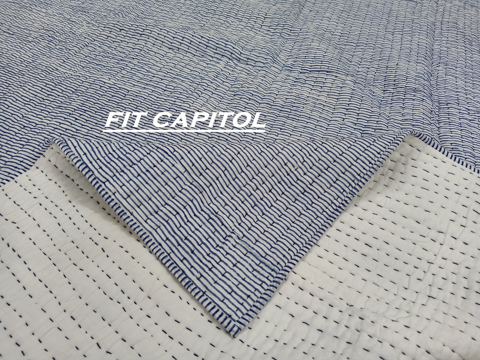 New Navy Blue Color Striped Block Print Kantha Blanket, Handmade 100% ...