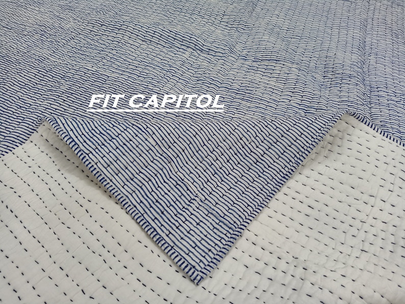 New Navy Blue Color Striped Block Print Kantha Blanket, Handmade 100% ...