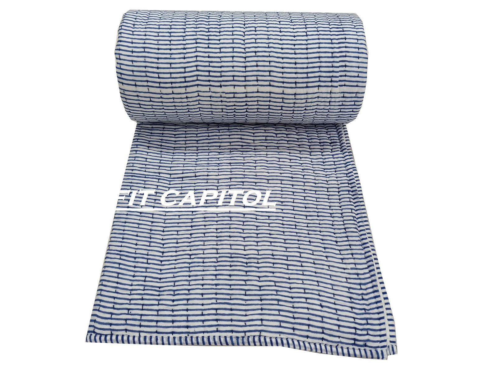 New Navy Blue Color Striped Block Print Kantha Blanket, Handmade 100% ...