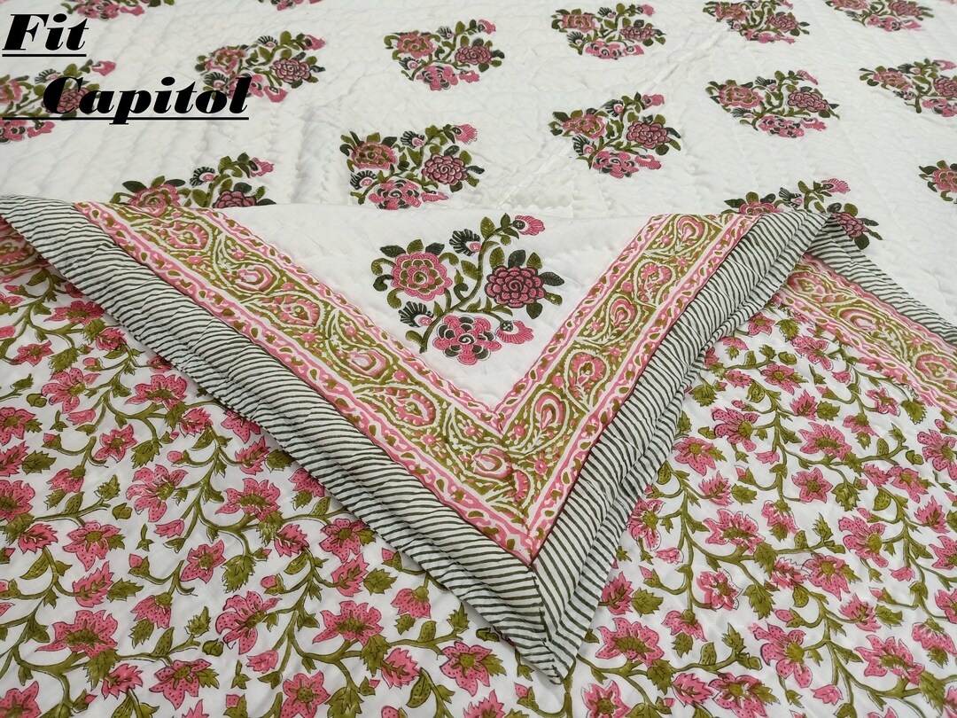 Indian Handmade Pink & Green Flower Printed Cotton Quilt, Reversible ...