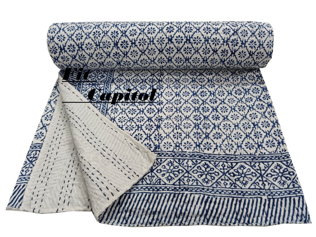 Indian Hand Block Design Blue Color Kantha Stitch Bed/sofa Throw ...