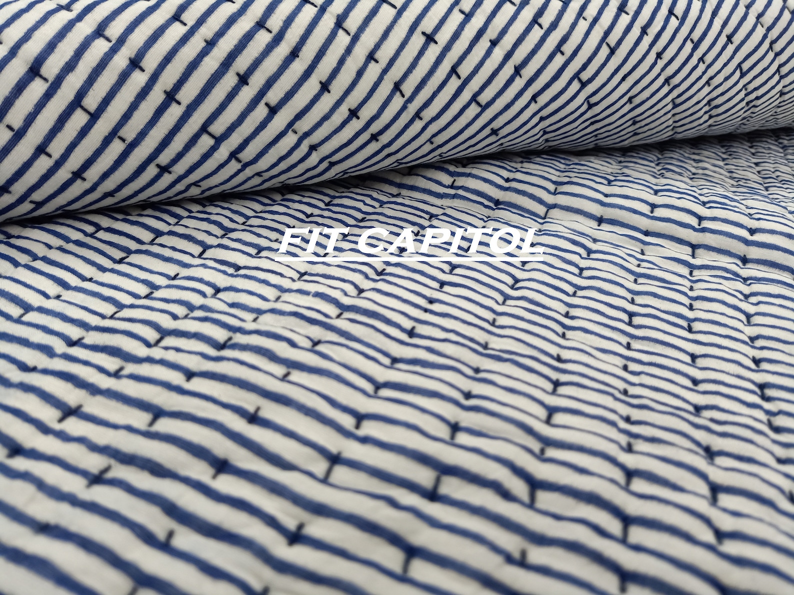 New Navy Blue Color Striped Block Print Kantha Blanket, Handmade 100% ...