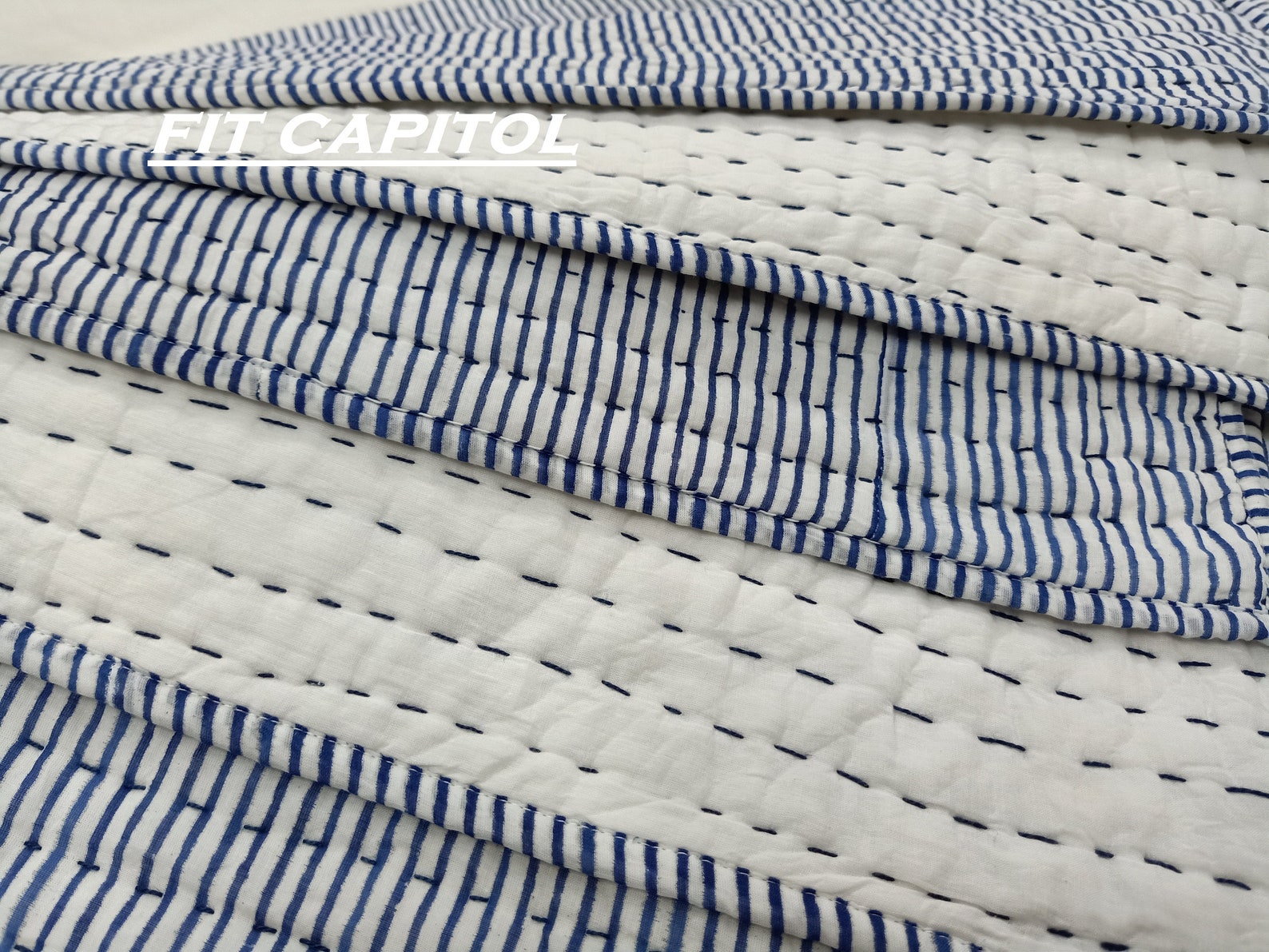 New Navy Blue Color Striped Block Print Kantha Blanket, Handmade 100% ...