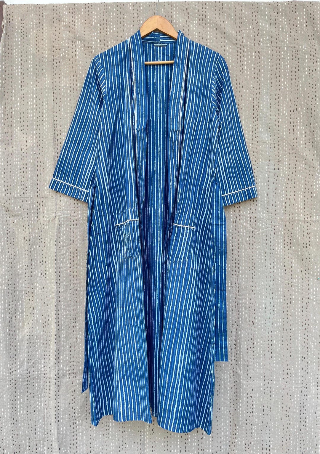 Indigo Blue Stripe Block Print Cotton Kimono, Robe for Women & Men ...