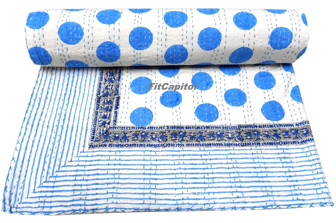 Handmade Reversible Cotton Bedspread, Polka Dot Block Print Kantha ...