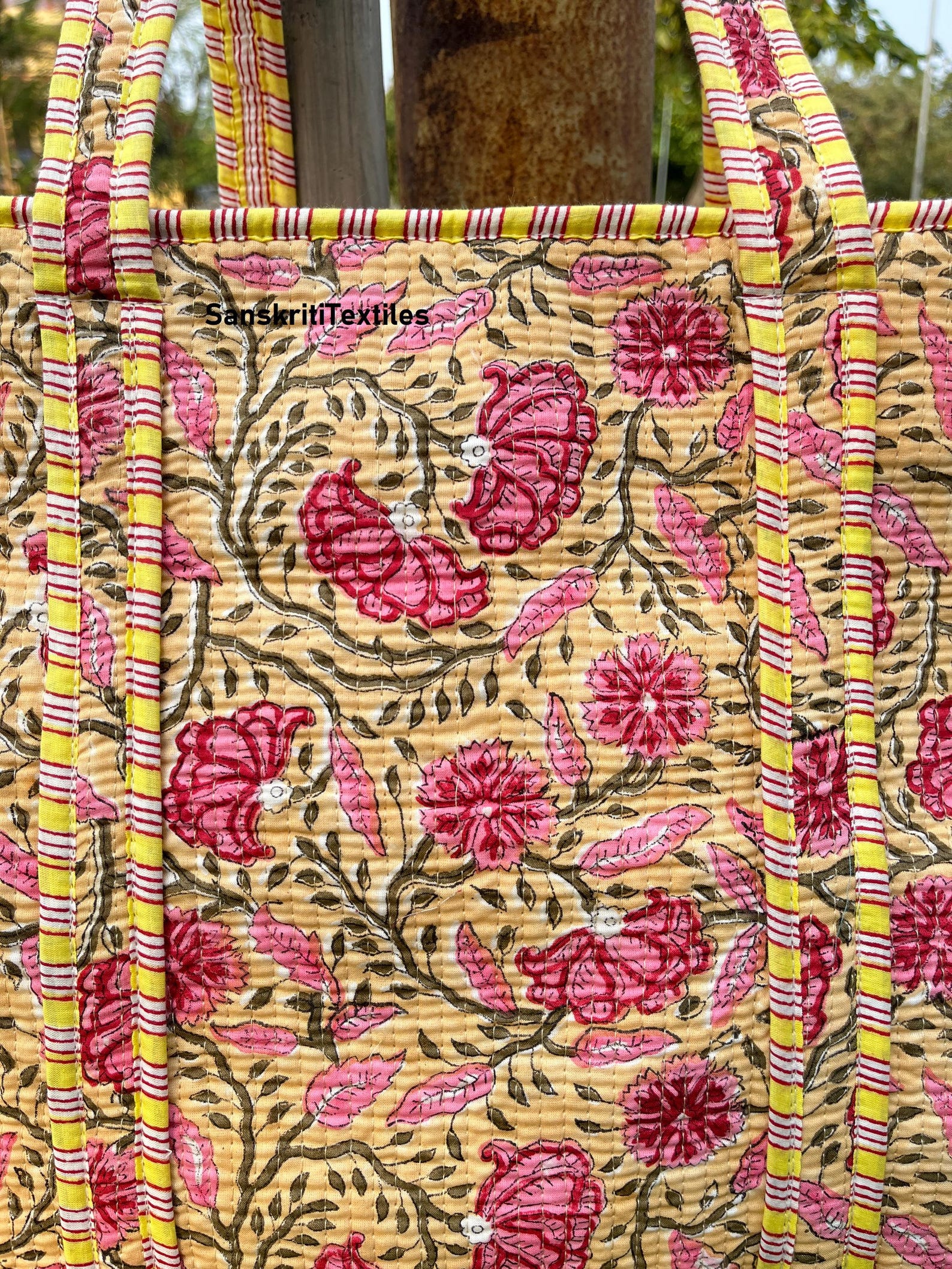Quilted Floral Tote Bag, Indian Hand Block Print Cotton Handbag ...