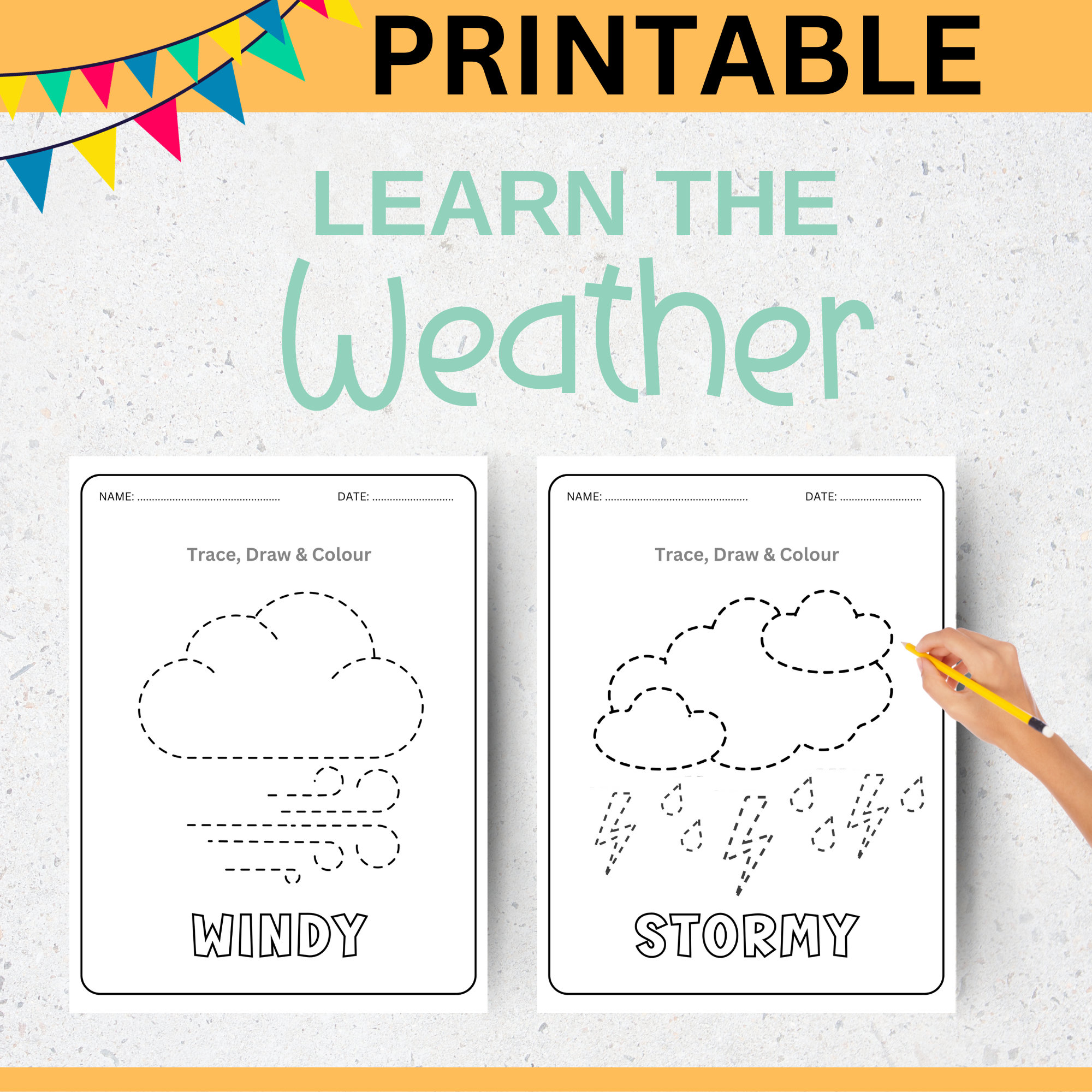 7 Weather Learn to Trace Worksheets, Weather Tracing Cards, Writing ...