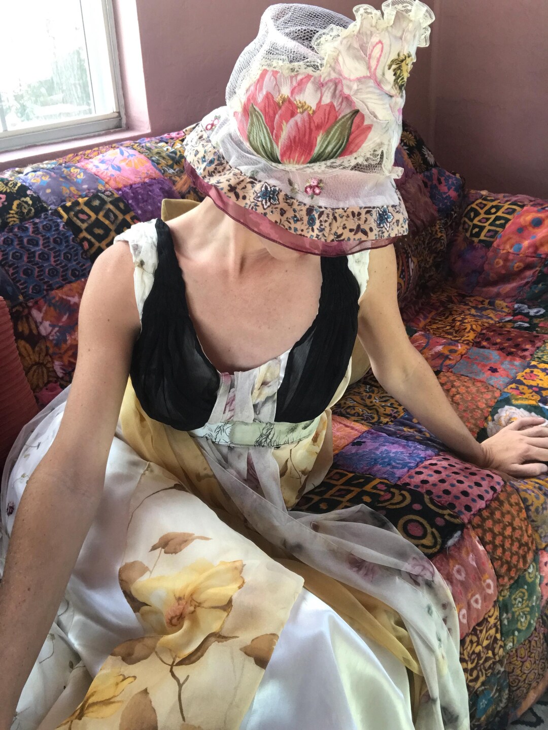 Frilly Floral Garden Tea Party Flower Crown Hat Headpiece Mesh Summer ...