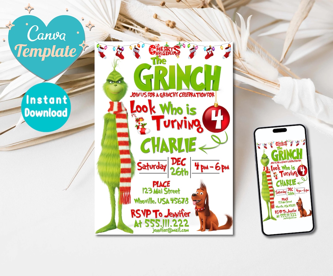 Editable Grinch Birthday Invitation Merry Grinchmas Invitation Grinch ...