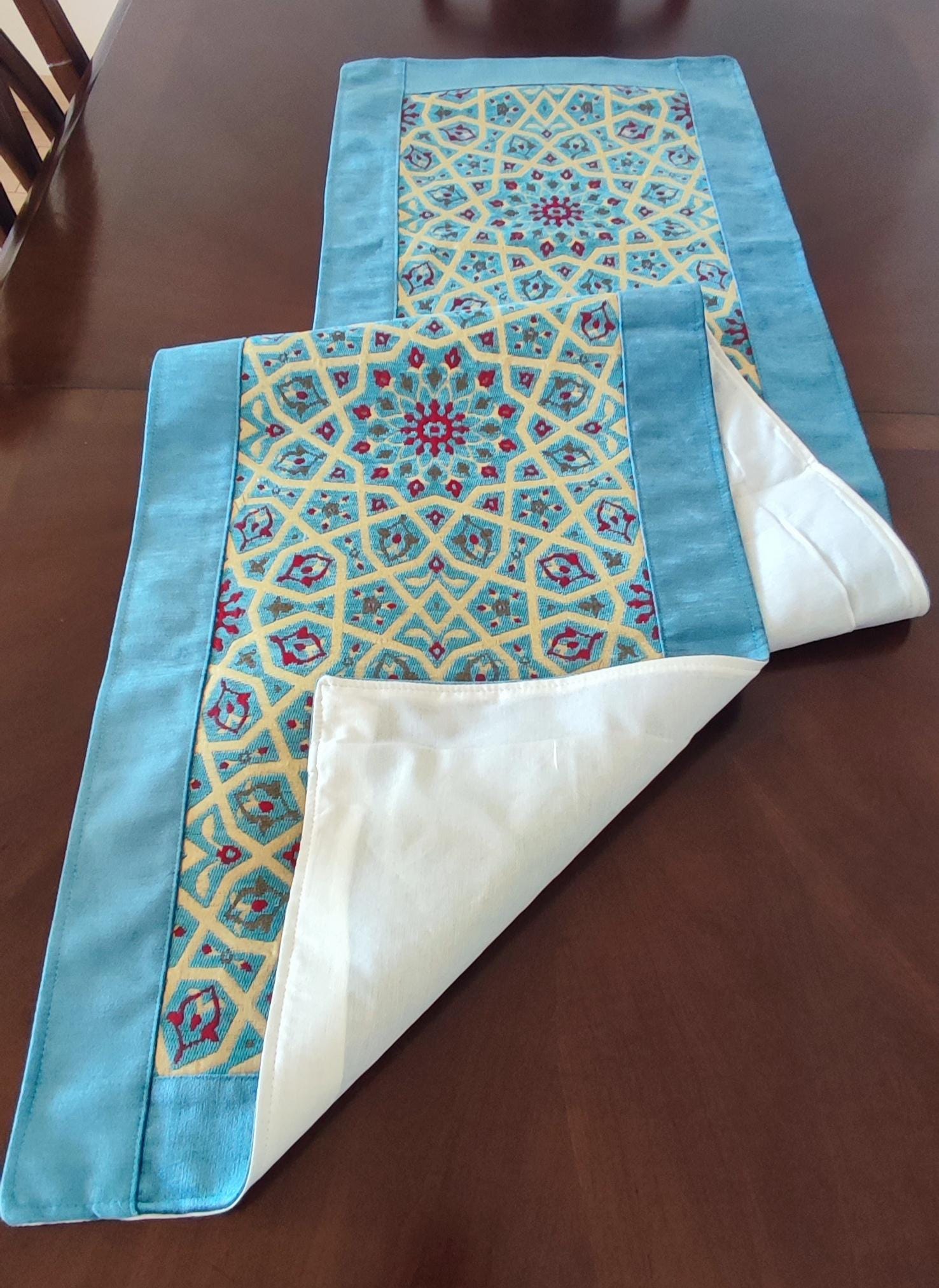 Long Dining Table Runner, Tile Pattern Turquoise & Gold Colors ...