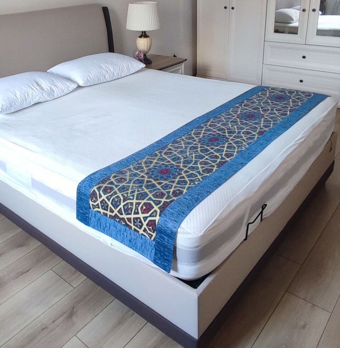 Handmade Bed Runner for Beds Sizes 55/80 or 60/80 Inches, Tile Pattern Blue Color 20/78 Inches ...