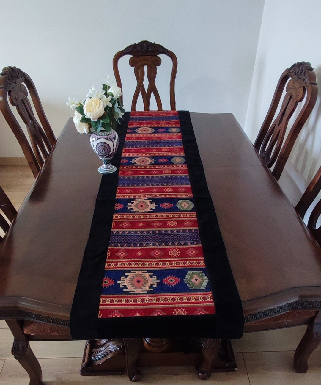 Dining Table Runner Kilim Pattern Blue,red&black Colors 20x78 Inches ...