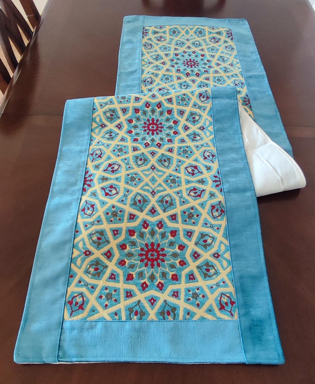 Long Dining Table Runner, Tile Pattern Turquoise & Gold Colors ...