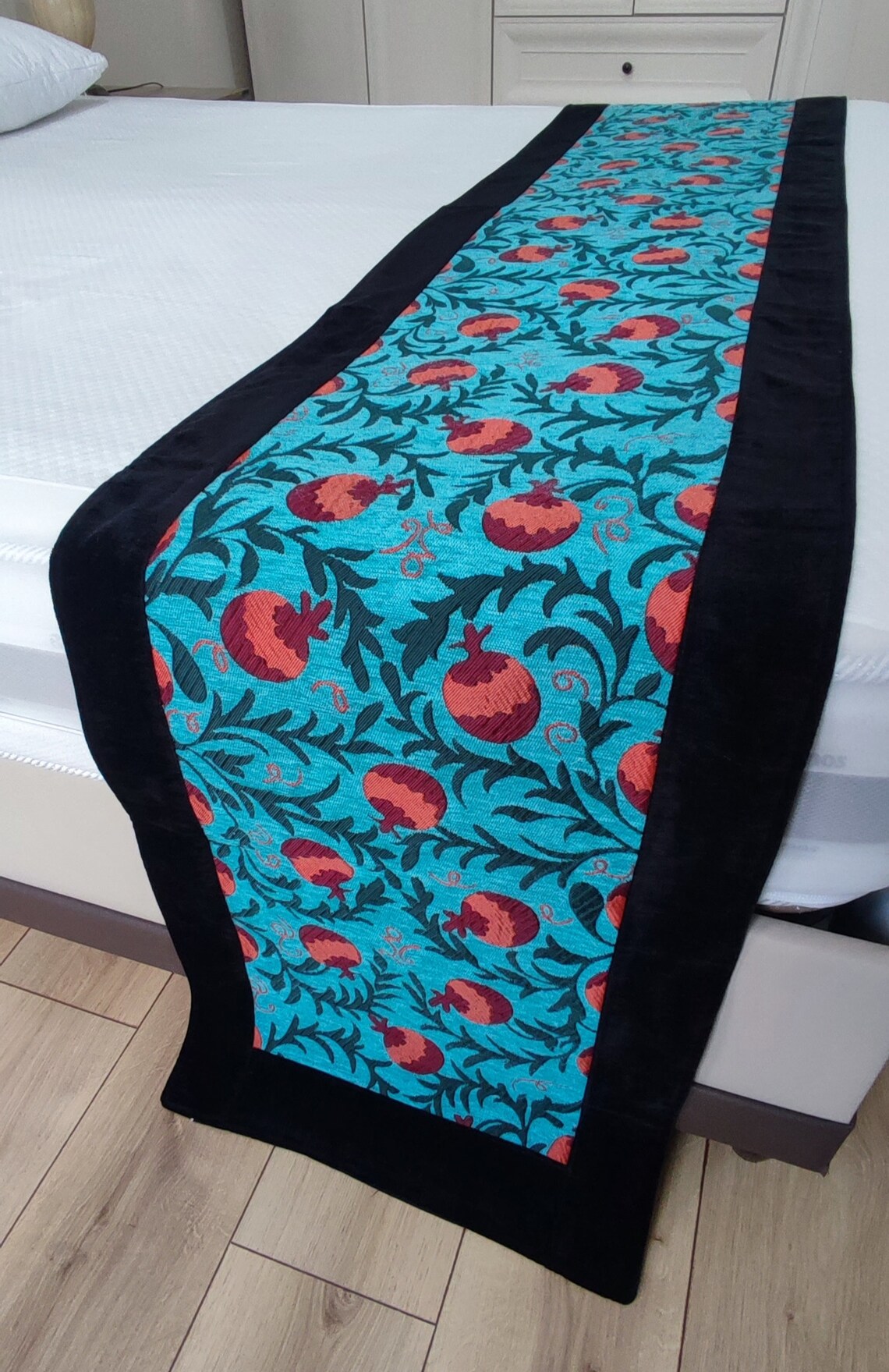 Handmade Bed Runner,pomegranate Pattern Black&turquoise 20/118inches ...