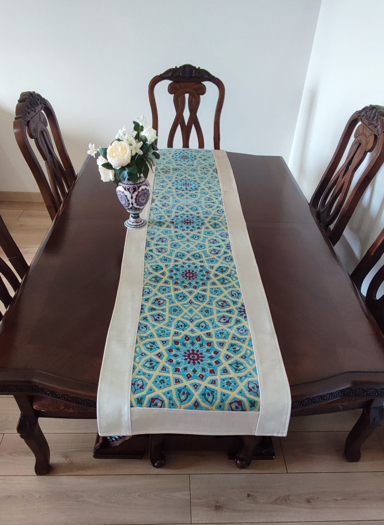 Long Dining Table Runner Tile Pattern Turquoise & Gold Colors 20x51 ...