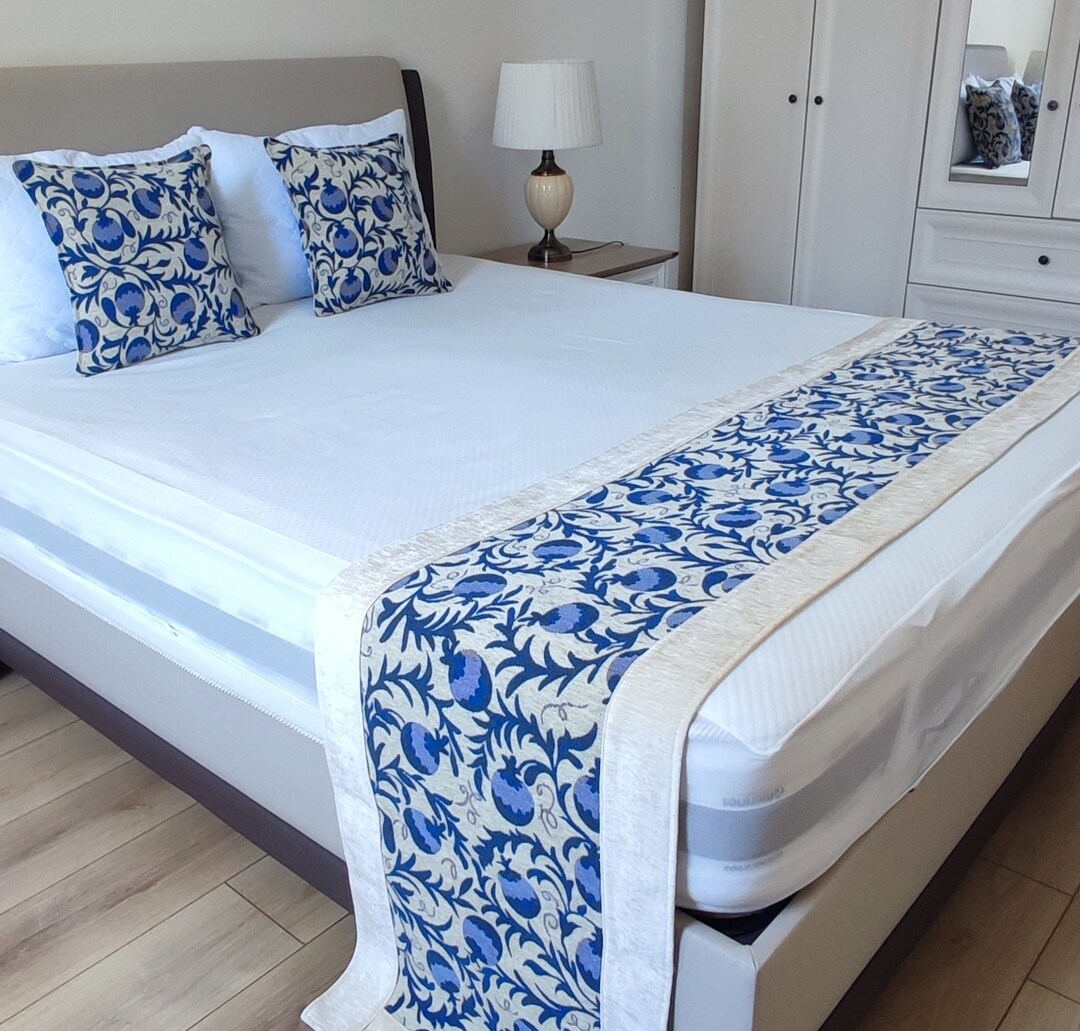 Bed Runner Set,pomegranate Pattern Blue Color,1 Bed Runner 20/118inches ...