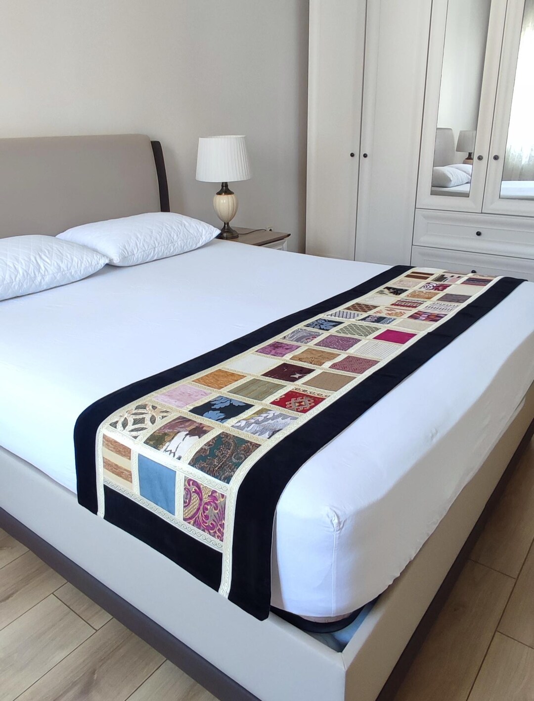 Handmade Patchwork Bed Runner: Black Border, Modern Quilted Design ...