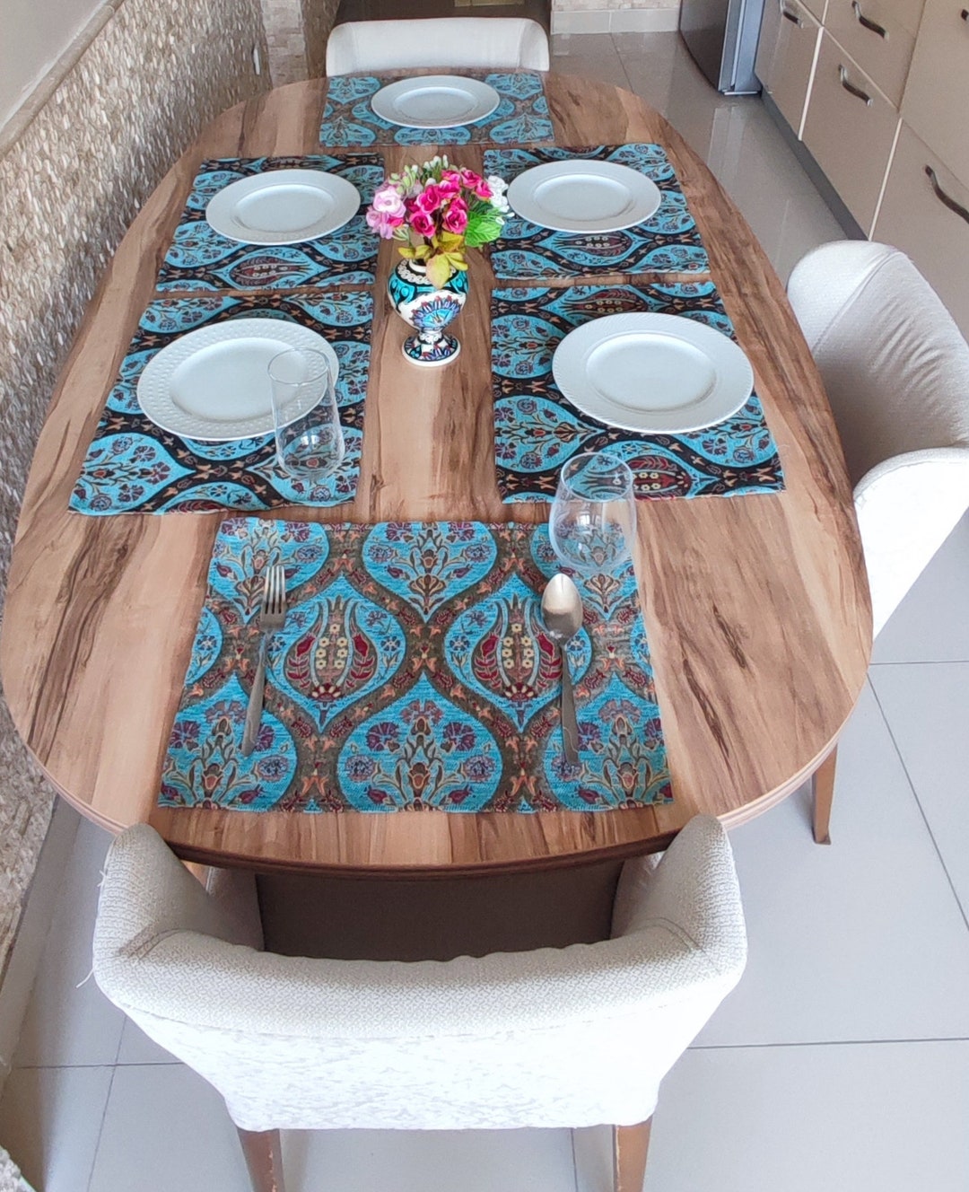 Tulip Pattern Placemat , Turquoise Color 1 Piece 13/17"inches.dining ...