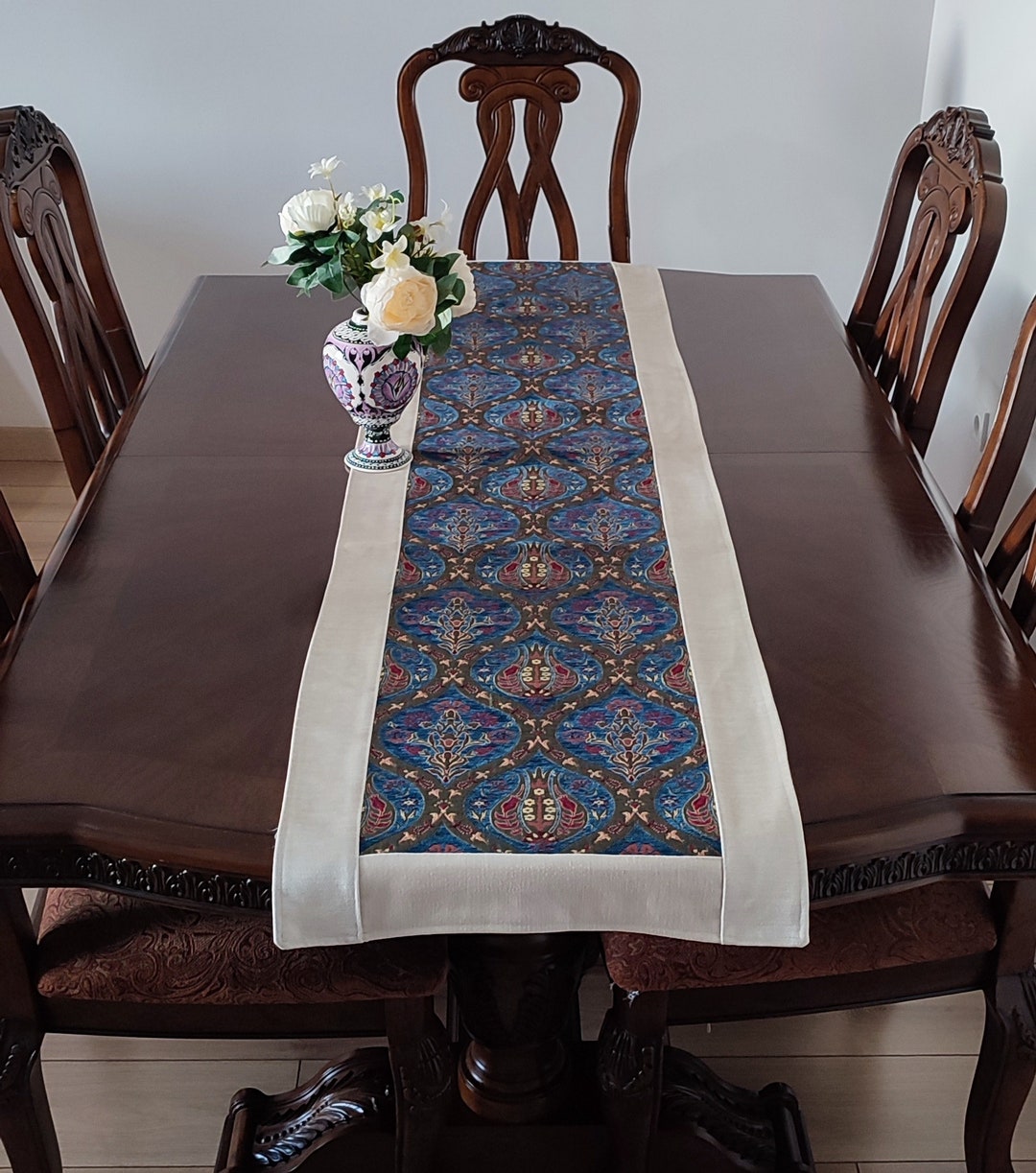 Dining Table Runner,tulip Pattern Blue Color 20x51 Inches, Authentic ...