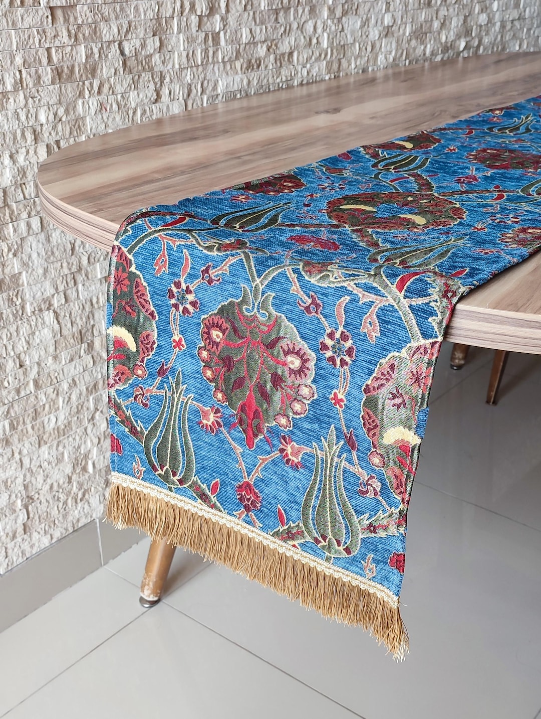 Blue Tile Tulip Pattern Table Runner 13x40inches, Turkish Traditional ...