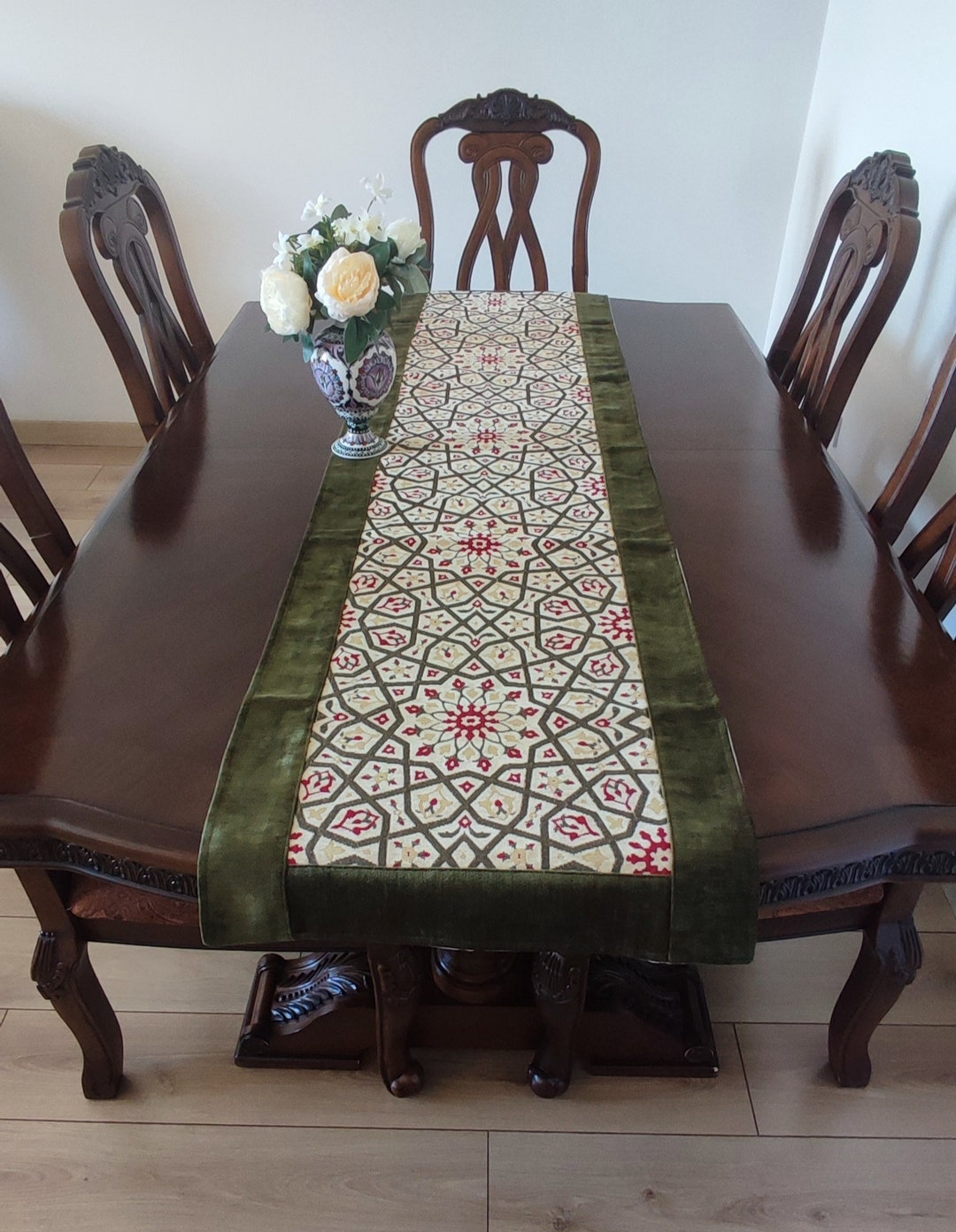 Dining Table Runner, Tile Pattern Beige & Green Colors 20x78inches ...