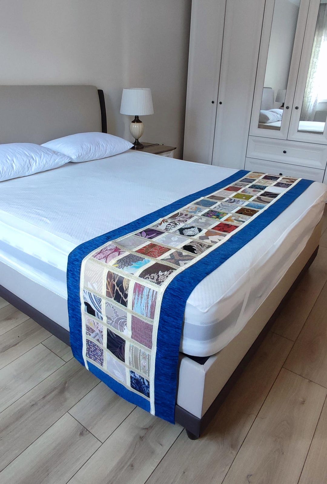 Handmade Patchwork Bed Runner: Blue Chenille Border, Modern Quilted ...