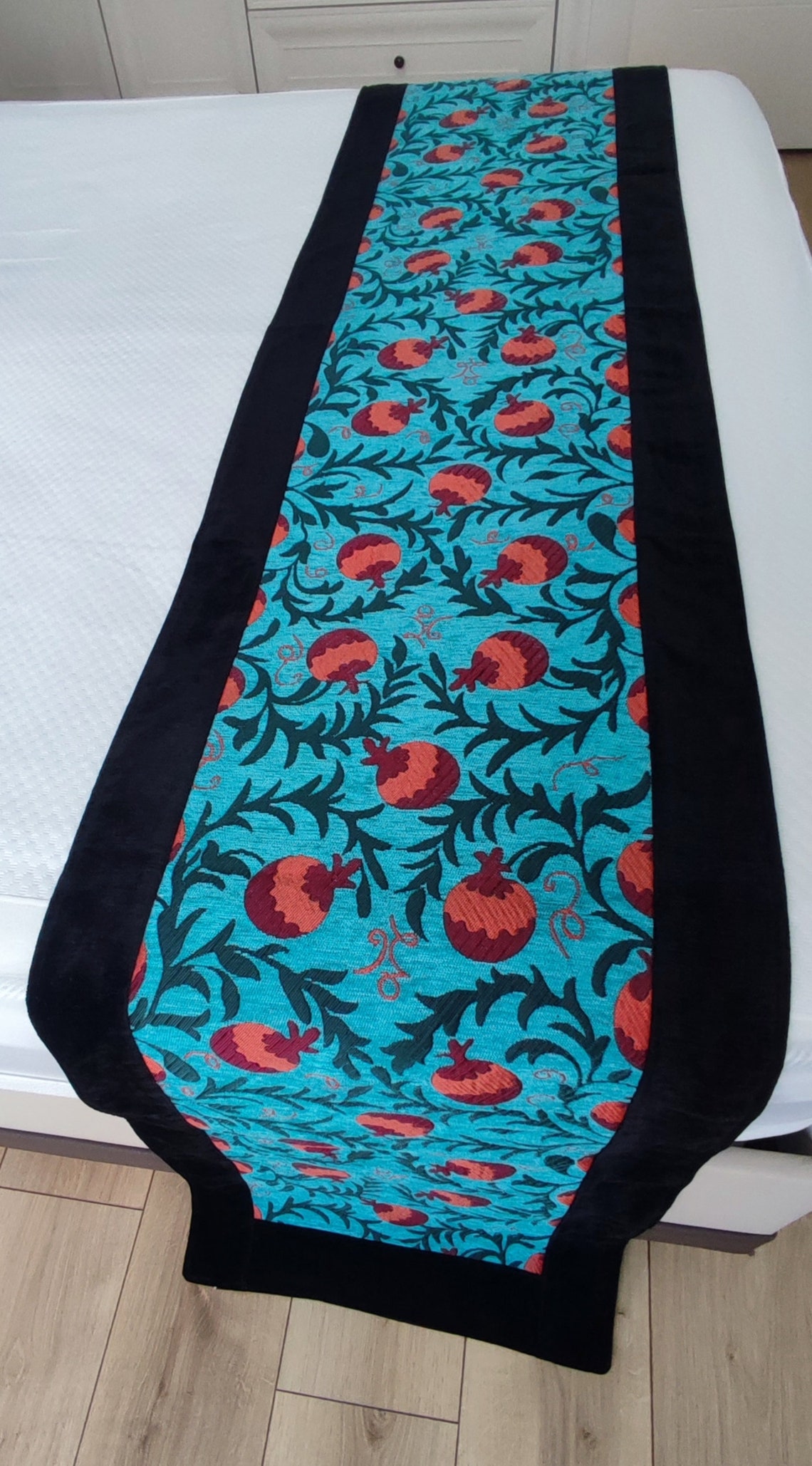 Handmade Bed Runner,pomegranate Pattern Black&turquoise 20/118inches ...