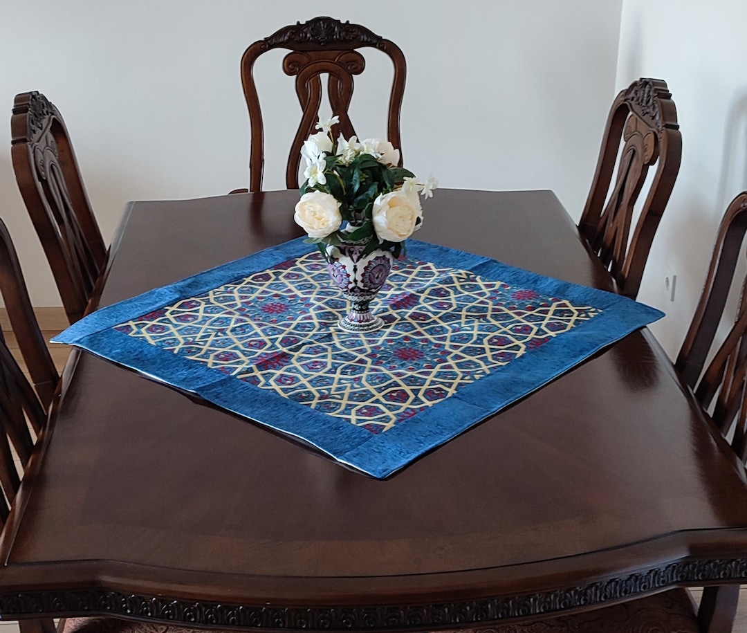 Handmade Tablecloth, Tile Pattern Blue Color 34/34"İnches, Oriental ...
