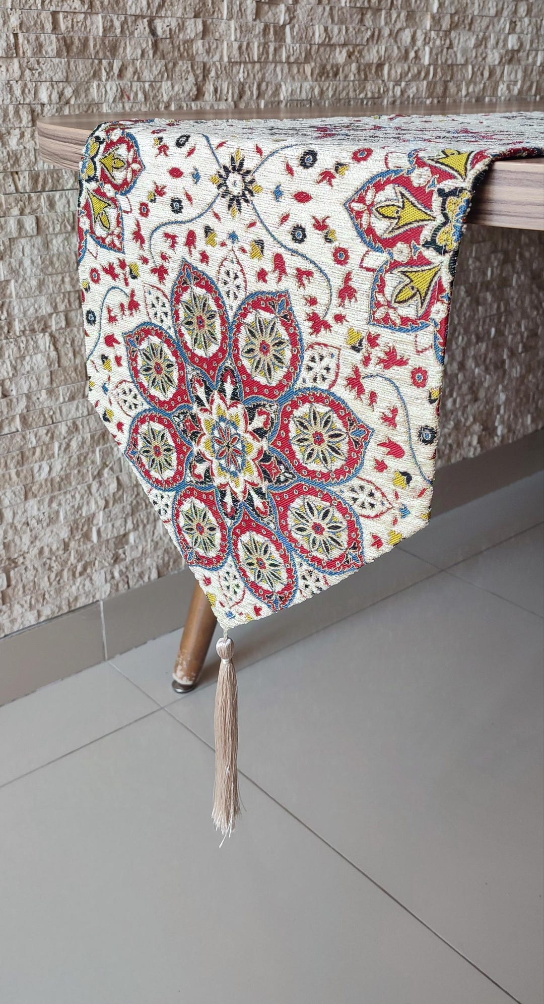 Beige Medallion Pattern Triangle Table Runner 13x40"inches, Turkish ...