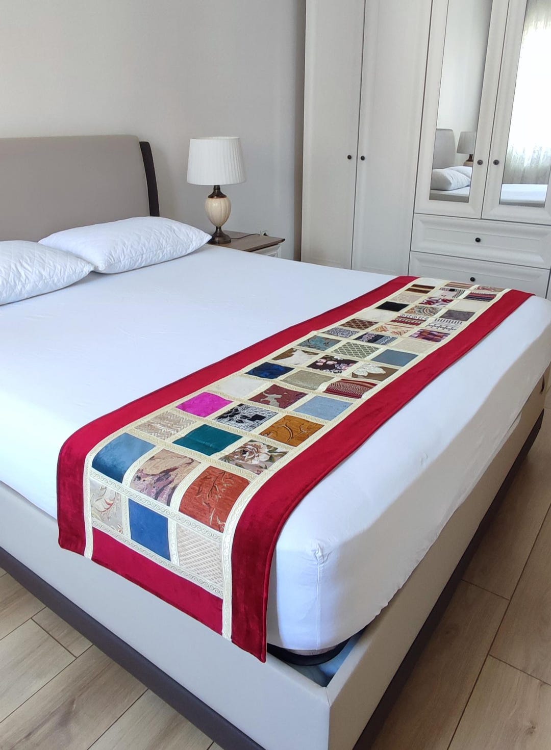 Handmade Patchwork Bed Runner: Red Chenille Border, Modern Quilted ...
